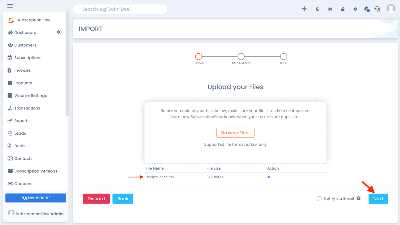 Usages Import – SubscriptionFlow