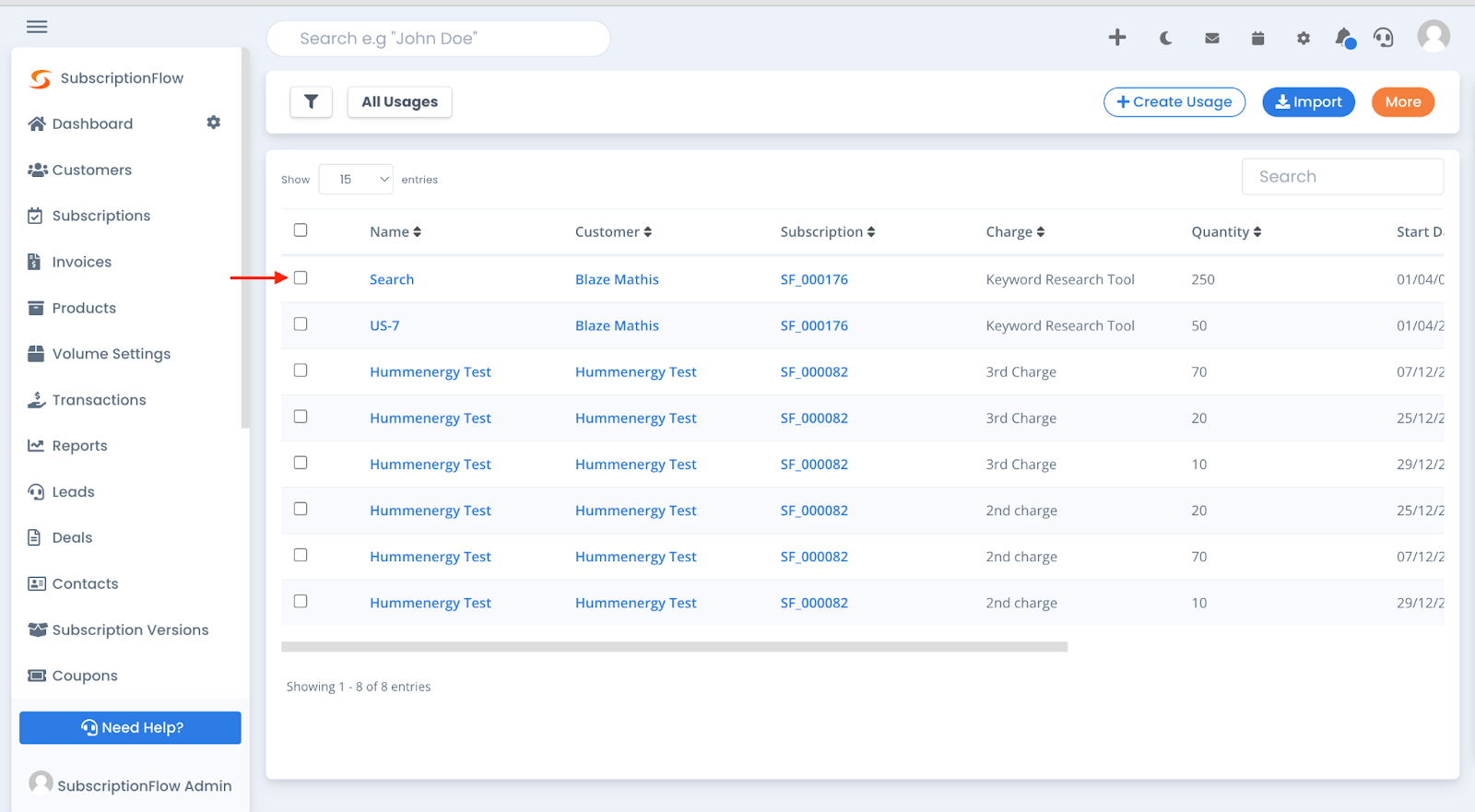 Usages Import – SubscriptionFlow