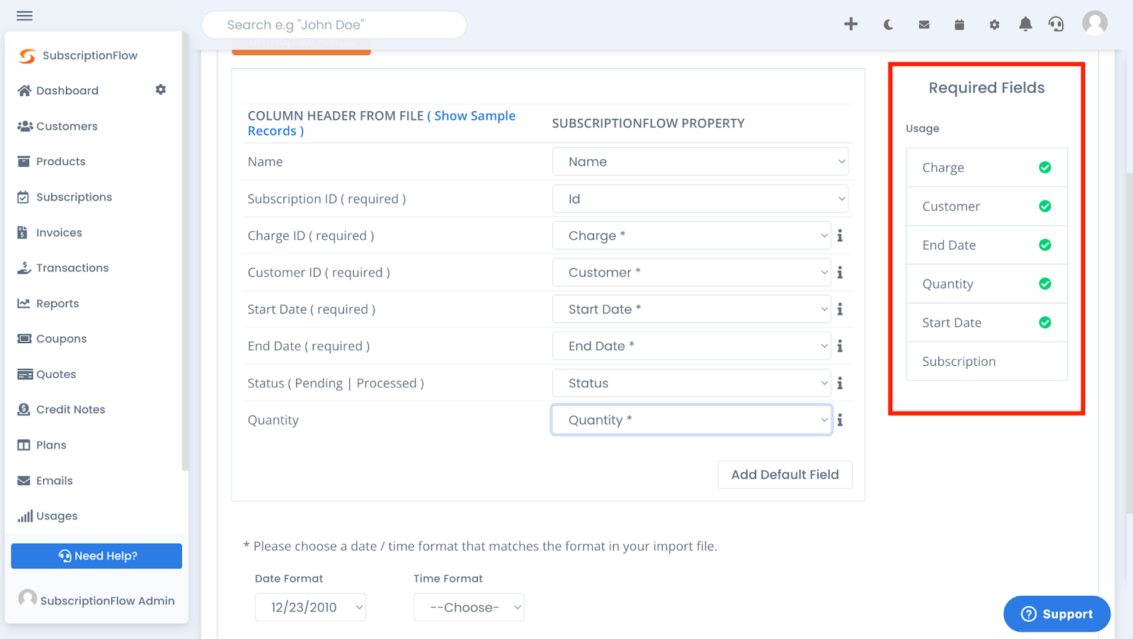 Usages Import – SubscriptionFlow