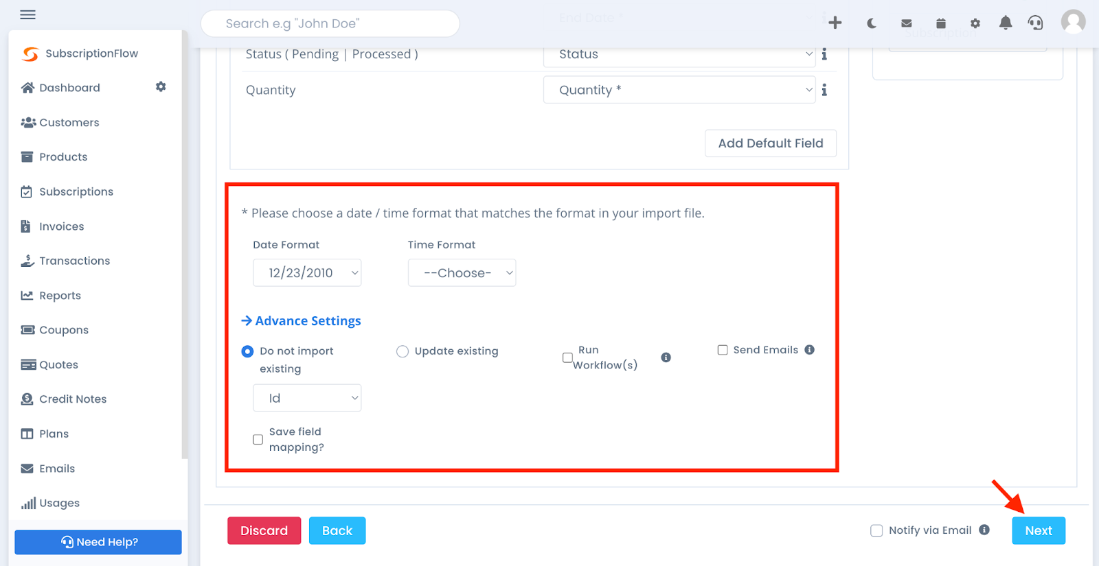 Usages Import – SubscriptionFlow