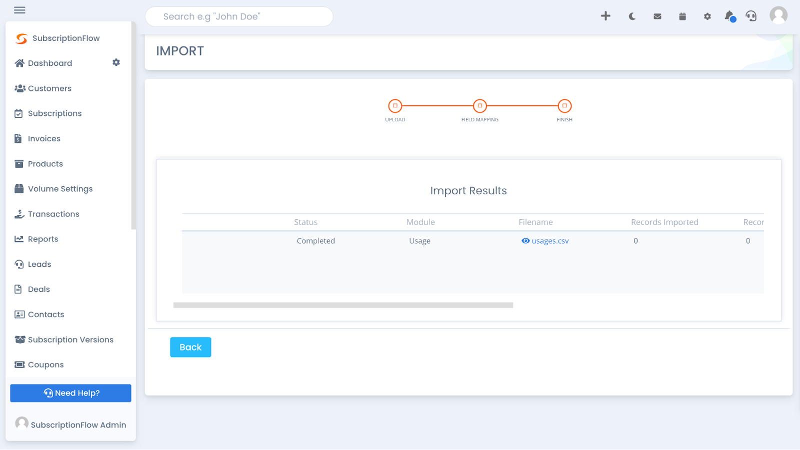 Usages Import – SubscriptionFlow