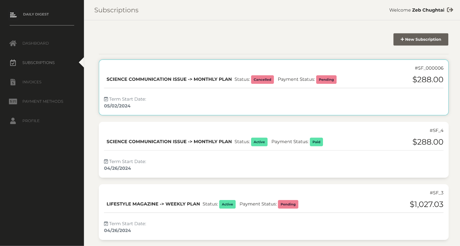 Editing Subscription (Customer) – SubscriptionFlow