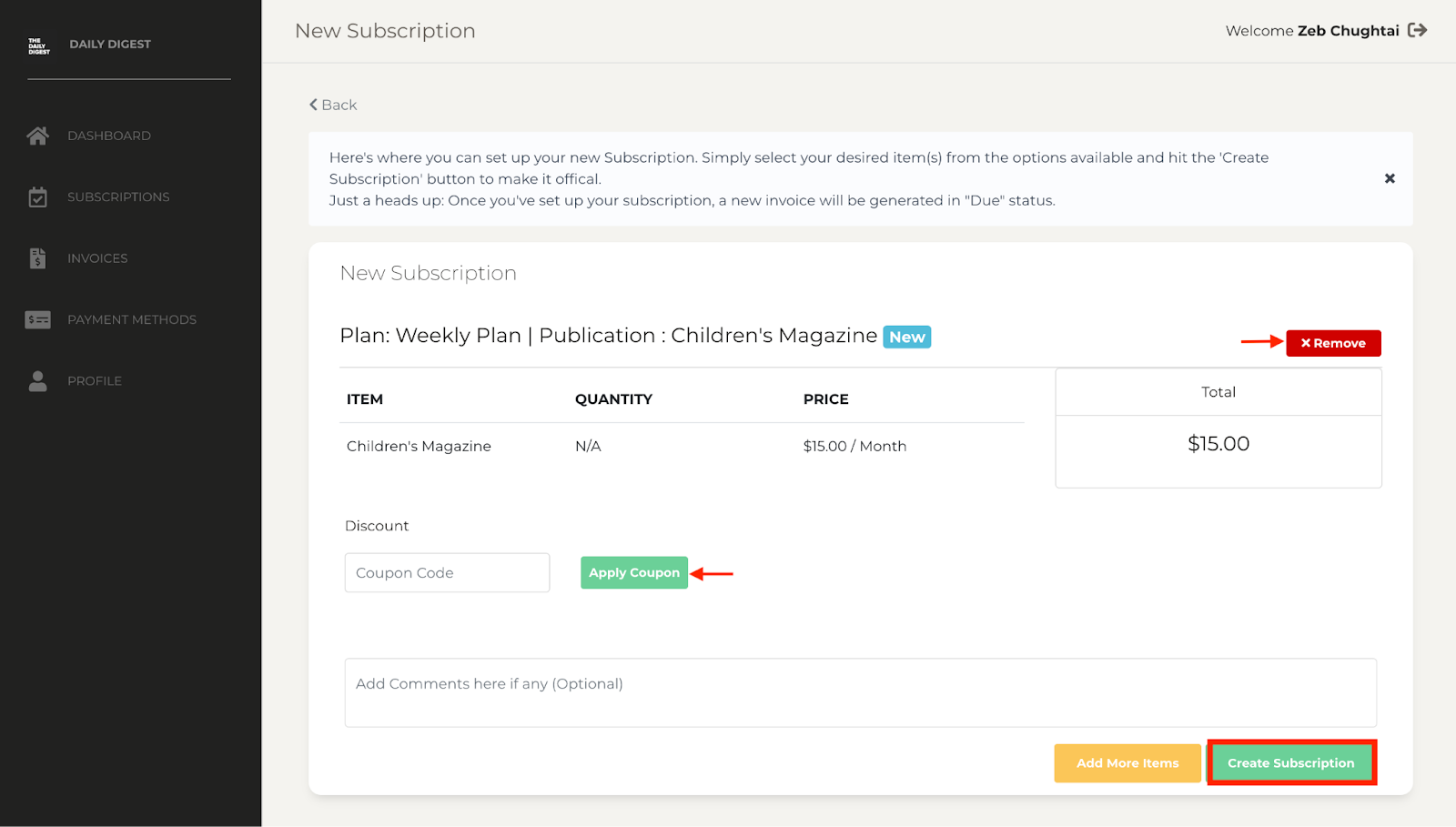 Editing Subscription (Customer) – SubscriptionFlow