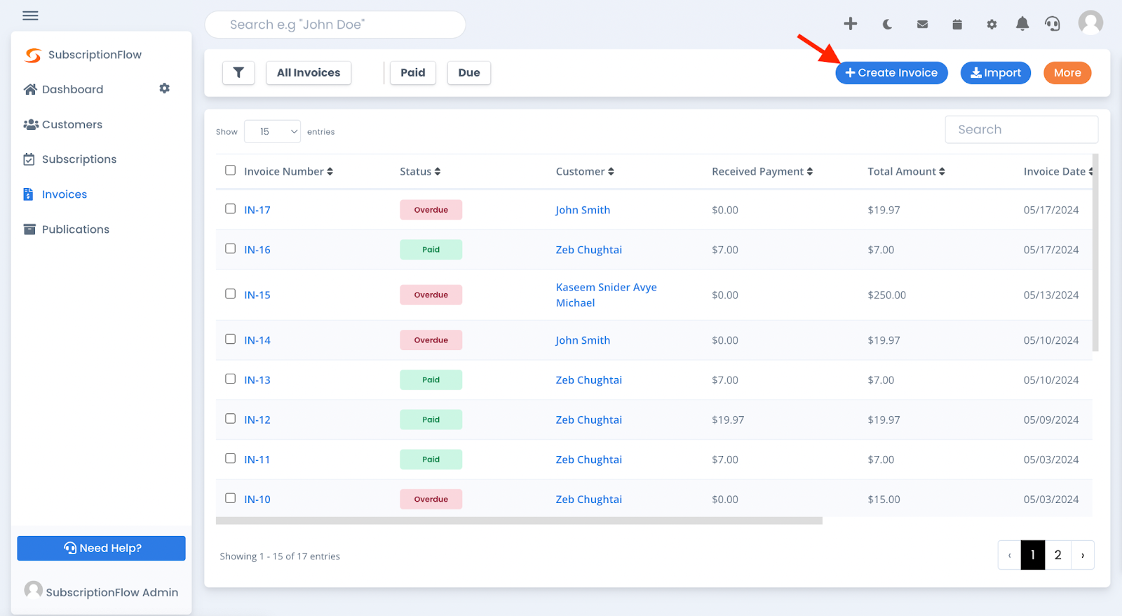 Create a One-off Invoice – SubscriptionFlow