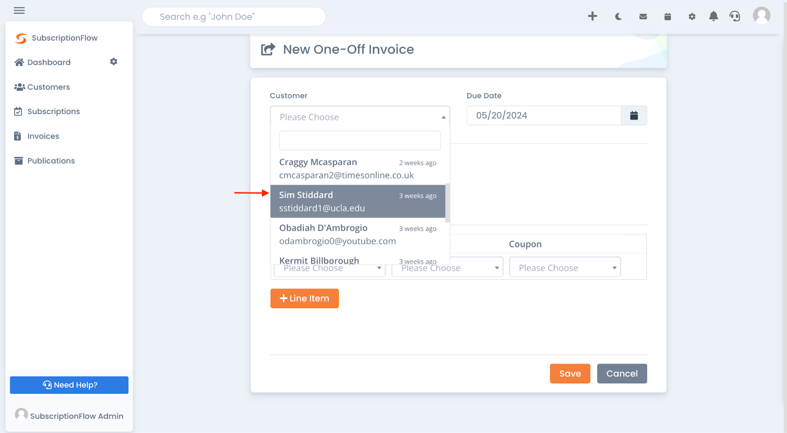 Create a One-off Invoice – SubscriptionFlow