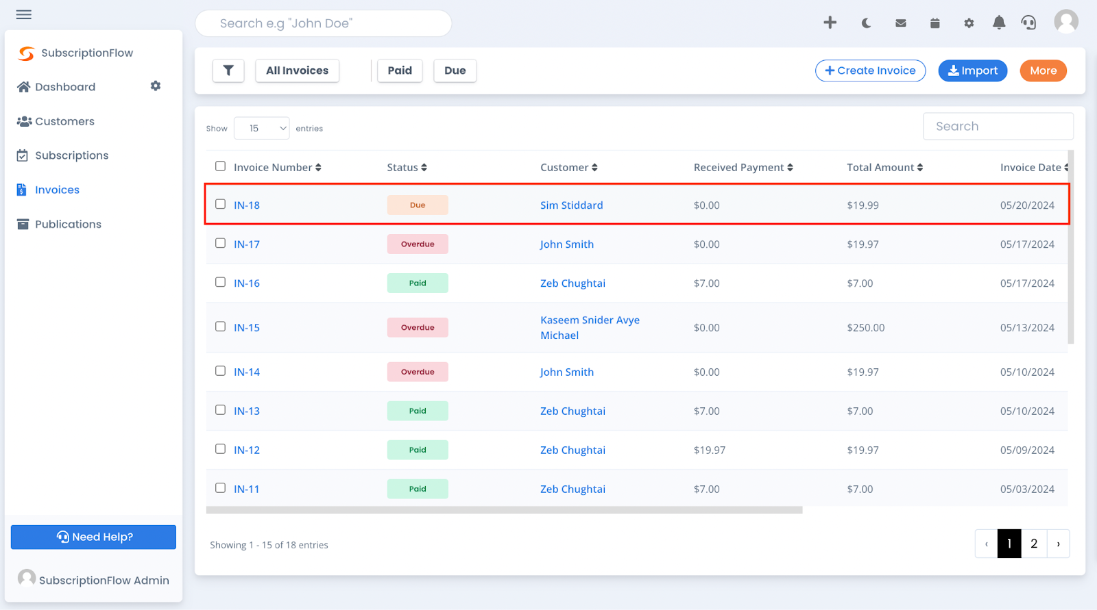 Create a One-off Invoice – SubscriptionFlow