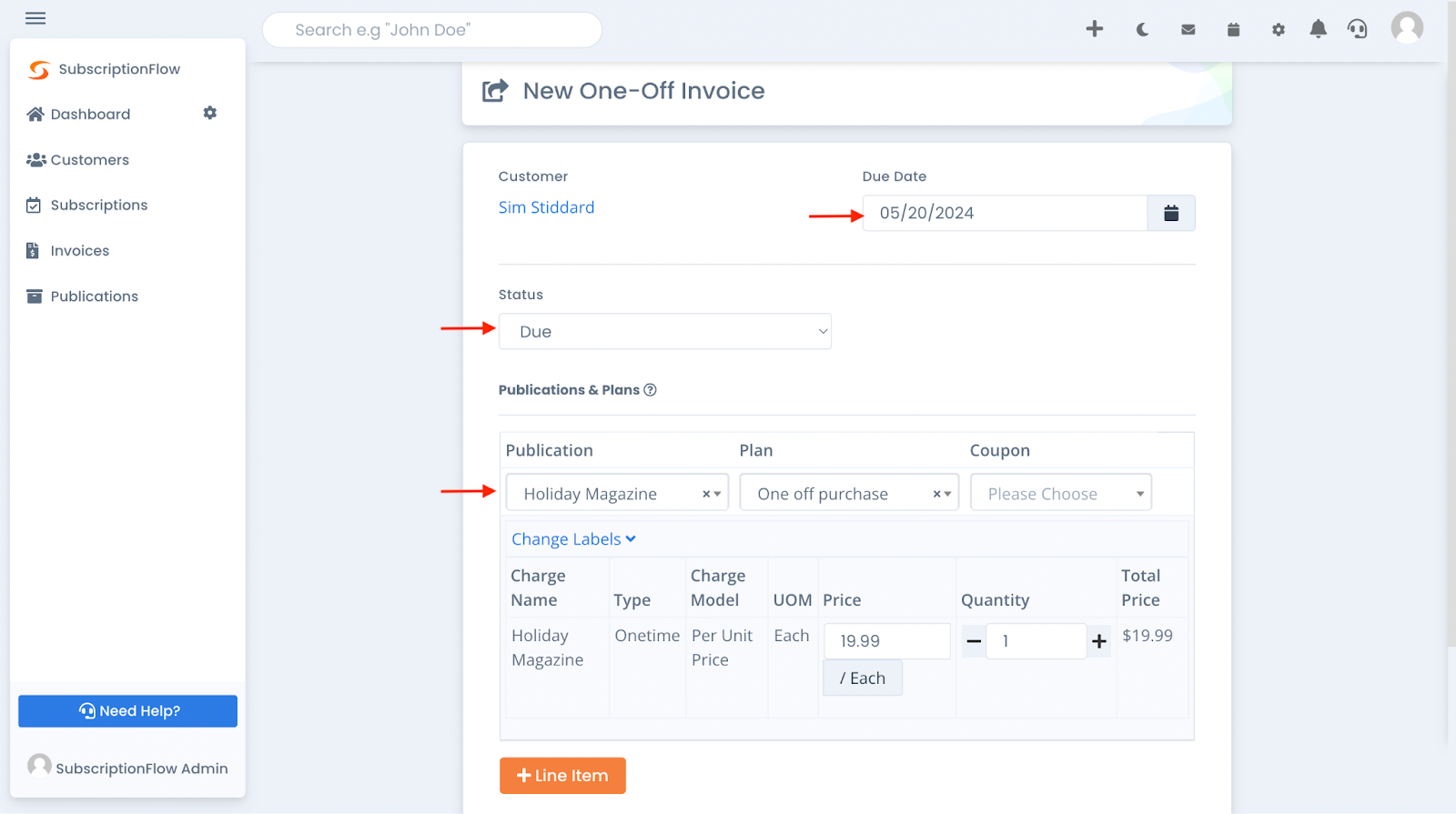 Create a One-off Invoice – SubscriptionFlow