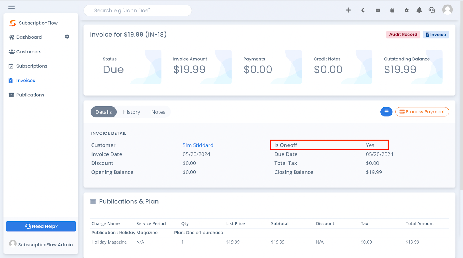 Create a One-off Invoice – SubscriptionFlow
