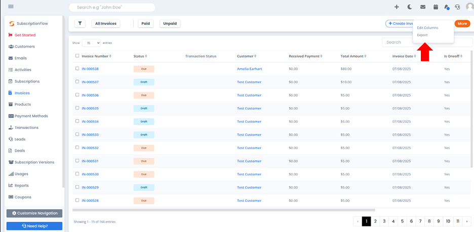 Export Invoices – SubscriptionFlow